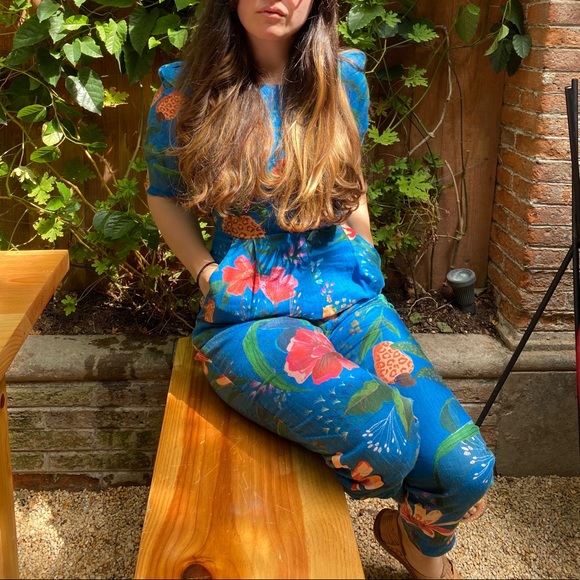 Anthropologie | Pants & Jumpsuits | Farm Rio Blue Jungle Linen Jumpsuit ...